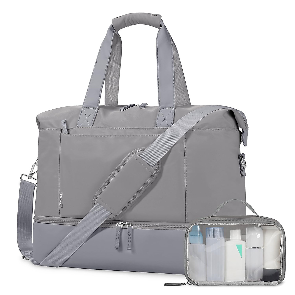 ETRONIK Weekender Bag for Women with 15.6 inch Laptop Compartment, 30L Travel Duffle Bag with Shoe Compartment & Wet Pocket, Carry on Overnight Bag with Toiletry Bag for Travel, Hospital, Sport, Grey