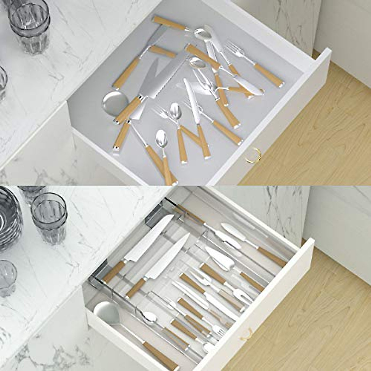 NIUBEE Expandable Kitchen Drawer Organizer for Flatware and Utensils,Clear Acrylic Adjustable Silverware Tray for Drawer,Office,Bathroom Supplies-9 Compartments