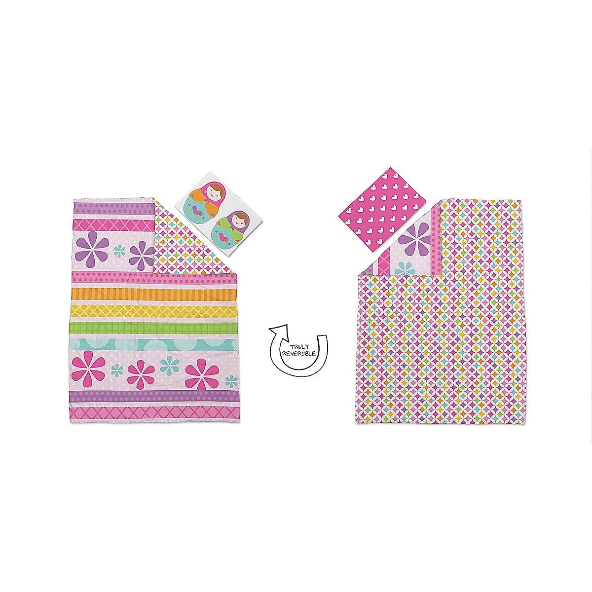 CLAUVINCK Truly Reversible & Ultra Soft Microfiber 2-Piece Room-in-a-Bag Toddler and Kids' Comforter Bedding Set for Girls, Nesting Dolls - Twin XL