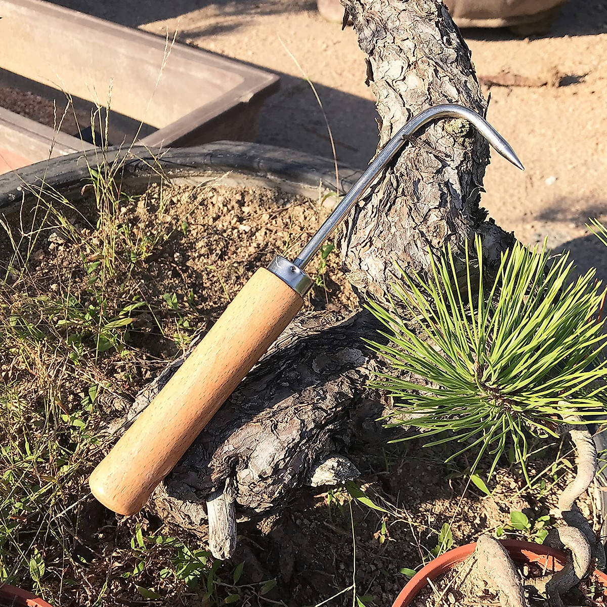 2Pcs 240mm/ 9.45in Single Claw Bonsai Root Hook, Stainless Steel Gardening Digging Tools with Wooden Handle for Weeding Planting Flowers