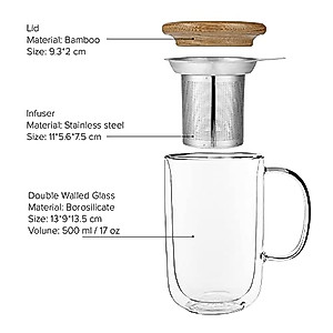 VIVA Minima Double Wall Glass Balance Tea Mug with Mesh Infuser and Wood Lid- 500 ml / 17 oz