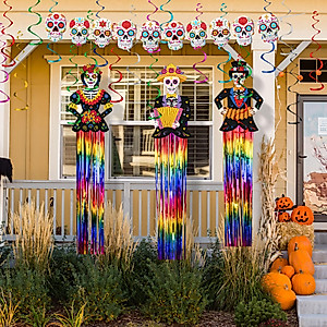 MotiMind 29 Pcs Day of The Dead Decorations Sugar Skull Hanging Swirl Decorations Sugar Skull Banner Sugar Skull Hanging Decor with LED String Lights for Dia De Los Muertos Fiesta Party Supplies