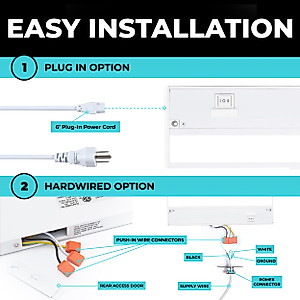 Magic Lite 24 Inch White LED Under Cabinet Lighting – Dimmable -3 Color Temperature Slide Switch – Warm White (2700K), Soft White (3000K), Cool White (4000K) - Plugged-in or Hardwired Installation