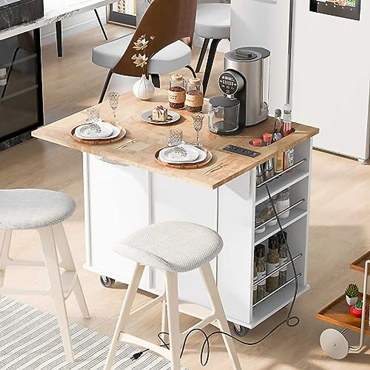 FRITHJILL Kitchen Storage Island with Power Outlet and Drop Leaf, Rolling Kitchen Cart with Spice Rack and Drawer, for Kitchen and Dining Room, White