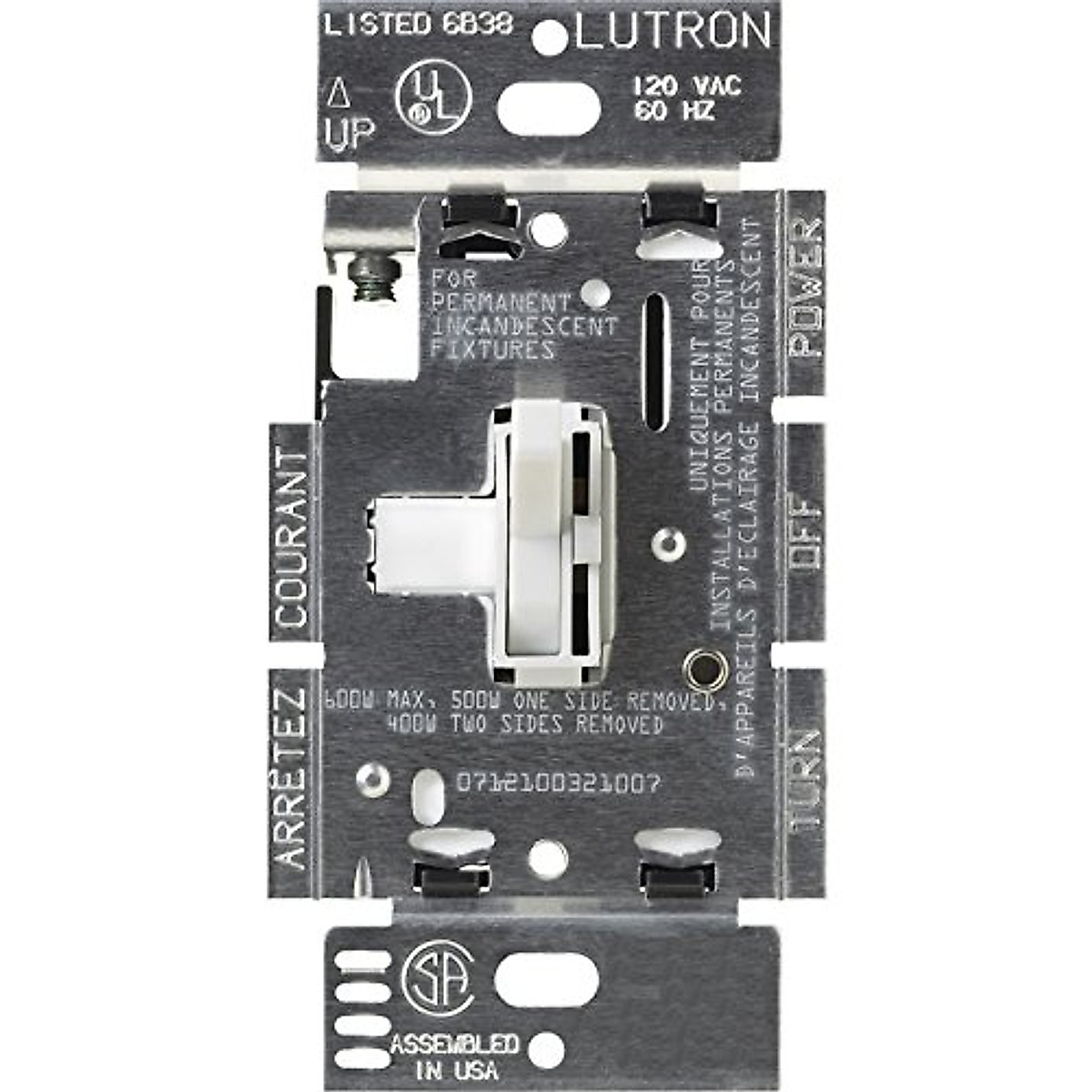 Lutron Toggler Incandescent 600-Watt Single-Pole/3-Way Dimmer Switch, TG-603PH-WH, White