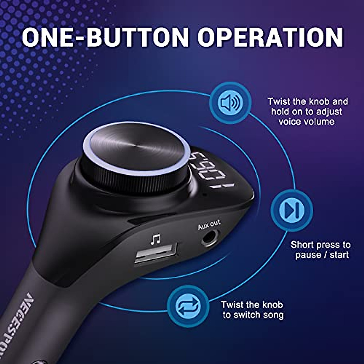 FM Transmitter Car Bluetooth 5.0,NECESPOW QC3.0 USB Charger w/AUX Cable, Hands-Free Car Radio Adapter Supports AUX & U Disk, Wireless Call for iOS and Android Devices