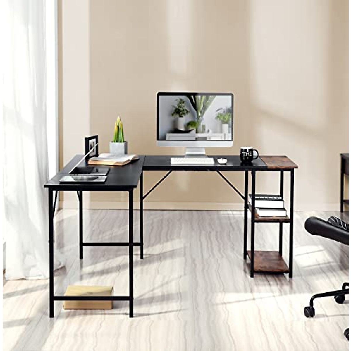 FurnitureR 58'' L-Shaped Corner Storage Shelf Space-Saving Gaming Labtop Table for Home Office PC Workstation Study Room Computer Desk, Black and Brown