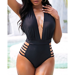 Aqua Eve Women Sexy One Piece Swimsuits Halter Plunge V Neck Cutout Bathing Suits Black XX-Large