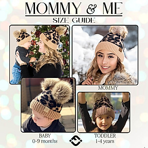 Funky Junque Mom and Baby Pom Pom Hat Set, Mommy and Me Winter Hats, Matching Double Pom Beanies, One Size Adult/Infant, Leopard Latte