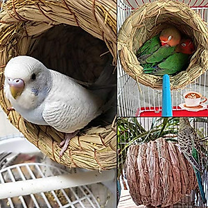 kathson Straw Bird Nest Natural Fiber Birdcage Birdhouse Parrot Hideaway Shelter Hut Parakeet Perch Hanging Bell Toys for Small Finch Canary Lovebird Resting Breeding Playing 4PCS
