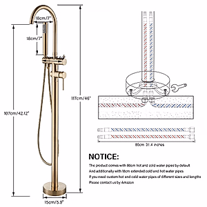 Brushed Gold Freestanding Bathtub Faucet with Hand Shower Tub Filler Faucet Floor Mounted High Flow Single Handle Bath Filler Solid Brass