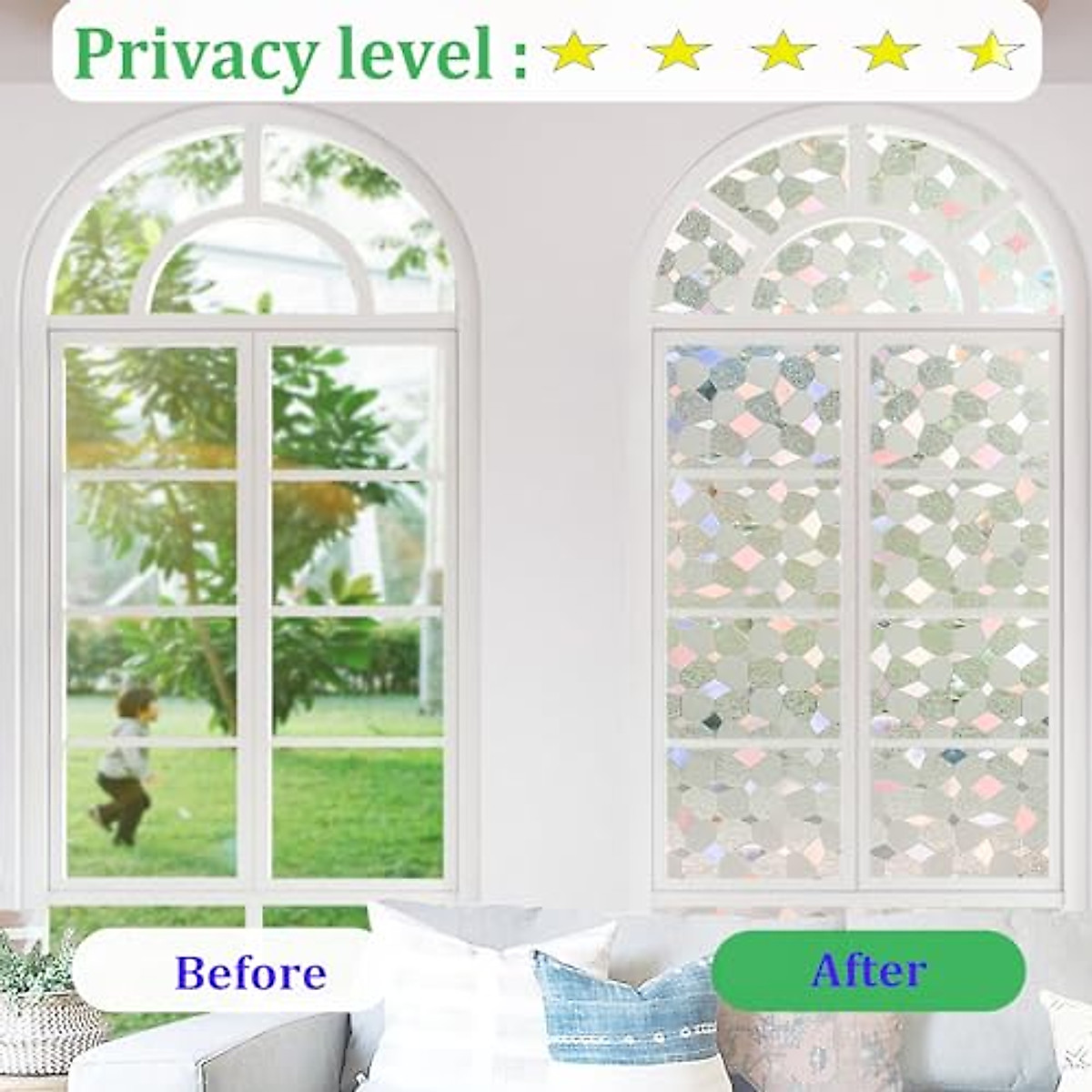 Waovacy Window Privacy Film Stained Glass Door Window Covering Decorative Window Clings Static Cling No Adhesive 3D Frosted Window Cover UV Sun Blocking Vinyl Window Sticker for Home,17.4x78.7Inch