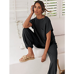 ANRABESS Women's Two Piece Outfits Knit Sweater Vest Crop Top Pants Lounge Matching Tracksuit Sweatsuit Travel Clothes Sets Black Medium