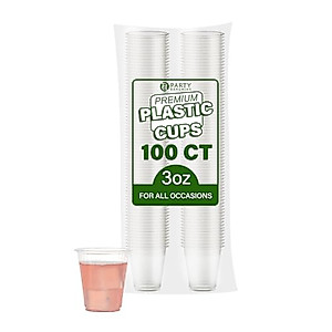 PARTY BARGAINS Clear Plastic Cups, 3 oz, 100 Pack Disposable Drinking Glasses, Juice, Iced Coffee, Cold Drinks, Soda, Water Cups
