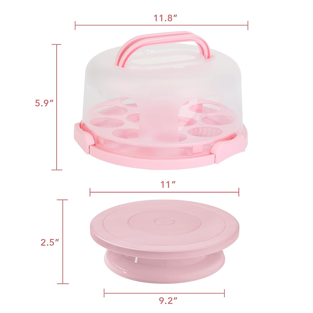 DZ CLAN Cake Carrier, Carrier Cupcake Holder with Cake Turntable, Cake Carrier with Lid and Handle(Pink)