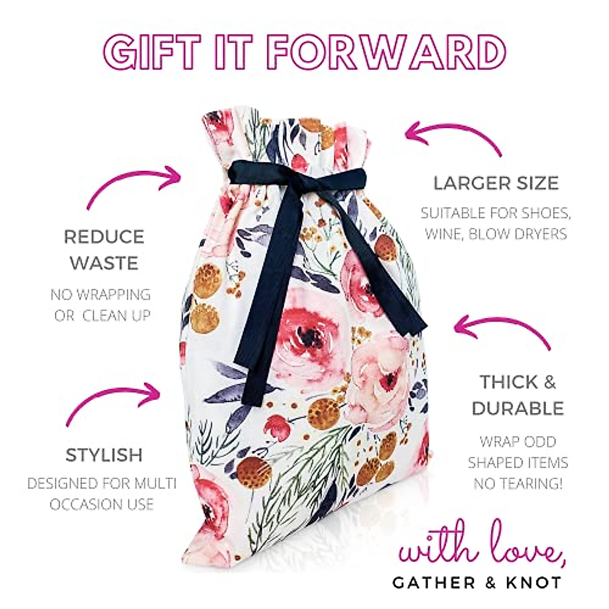Gather & Knot Drawstring Gift Bags | 16" Medium | Premium Canvas | Reusable Fabric Wrap for Valentines, Weddings, Bridesmaids, Birthdays - All Occasion | Pink Floral