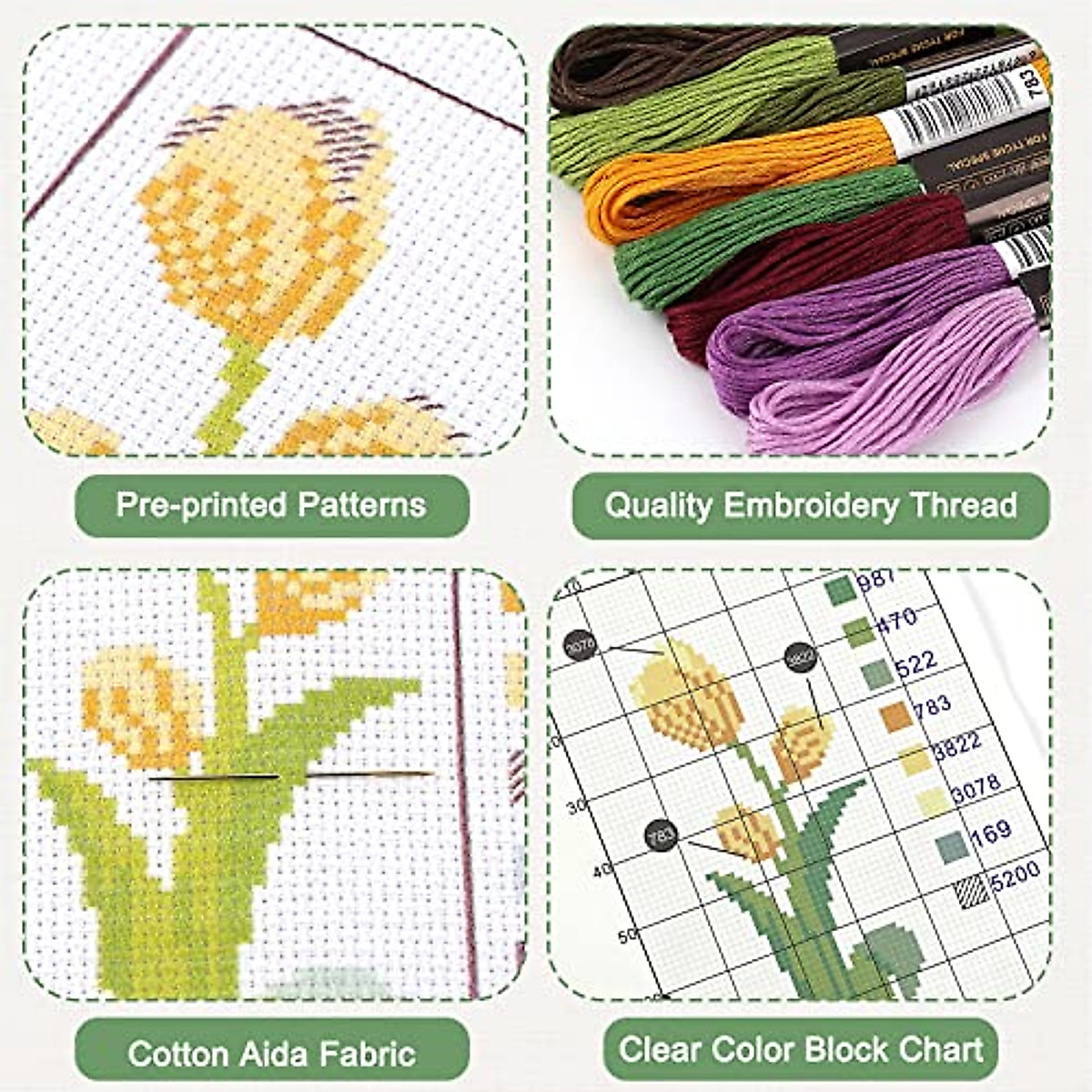 Caydo 3 Pieces Cross Stitch Bookmark Kits, Flowers Stamped Embroidery Bookmark with Backing Felt and Instructions Beginner Cross Stitch Kits for Adults, Book Lovers, 14 CT