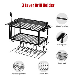JUNNUJ Tool Organizer with Charging Station, 3 Layers Wall Mount Garage Tools Storage with 8 Outlets Power Strip, 4 Drills Holder Battery Heavy Duty Metal Shelf, Utility Rack with Hooks, Black
