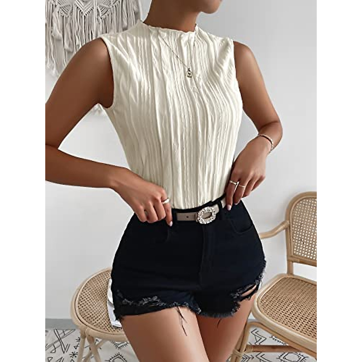 Verdusa Women's Sleeveless Mock Neck Textured Tank Top Beige XS