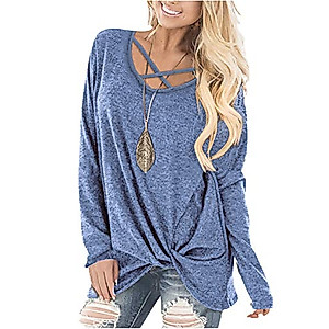 NIASHOT Womens Long Sleeve Tops Solid Twist Knot Sweater V-Neck Fall Shirts Blue 2XL