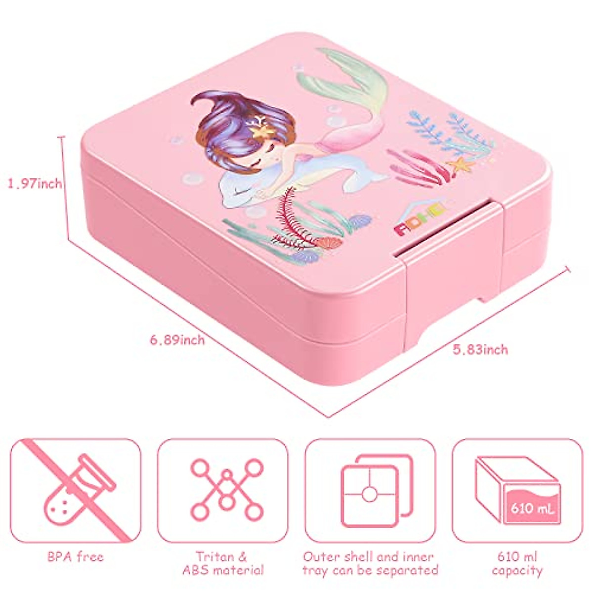 AOHEA Bento Lunch Box for Kids: Bento Boxes BPA FREE Kids Lunch Box 4 Compartment Toddler Bento Box Tritan Lunch Boxes Toddler Lunch Containers for Daycare or School(Mermaid)