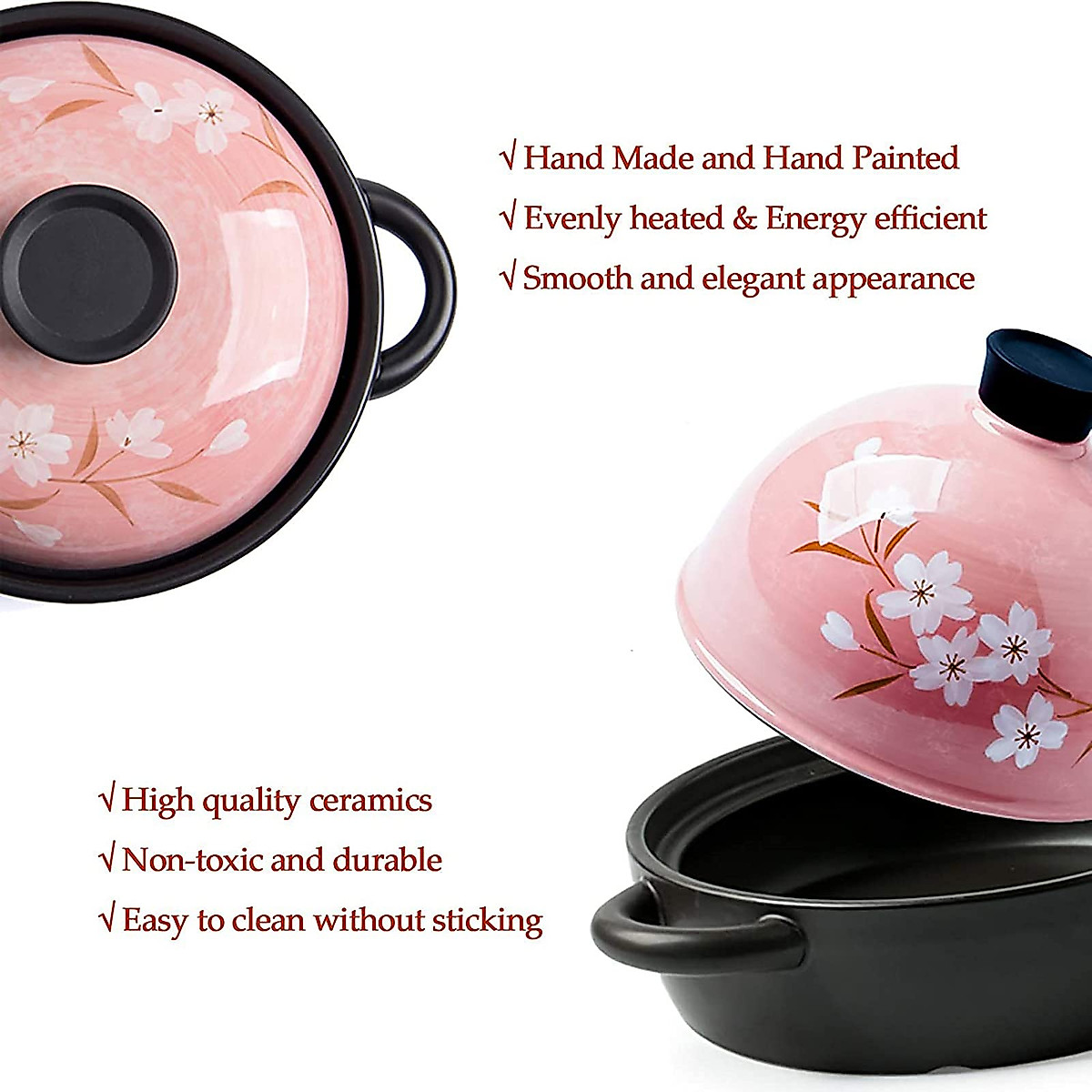 1.9L Cherry Blossoms Tagine Pot, Moroccan Ceramic Braised Stewed Pot - Cooking and Stew Casserole Slow Cooker