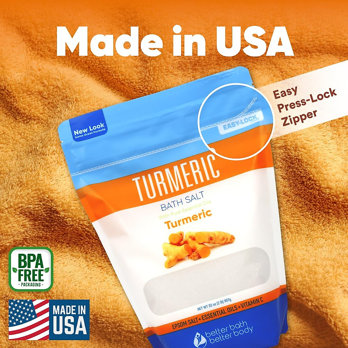 Turmeric Bath Salt 32 Oz Epsom Salt with Essential Oils Turmeric, Cinnamon, Orange Plus Vitamin C in BPA-Free Pouch with Easy Press-Lock Zipper | Natural Bath Soak to Relieve & Soothe | Made in USA