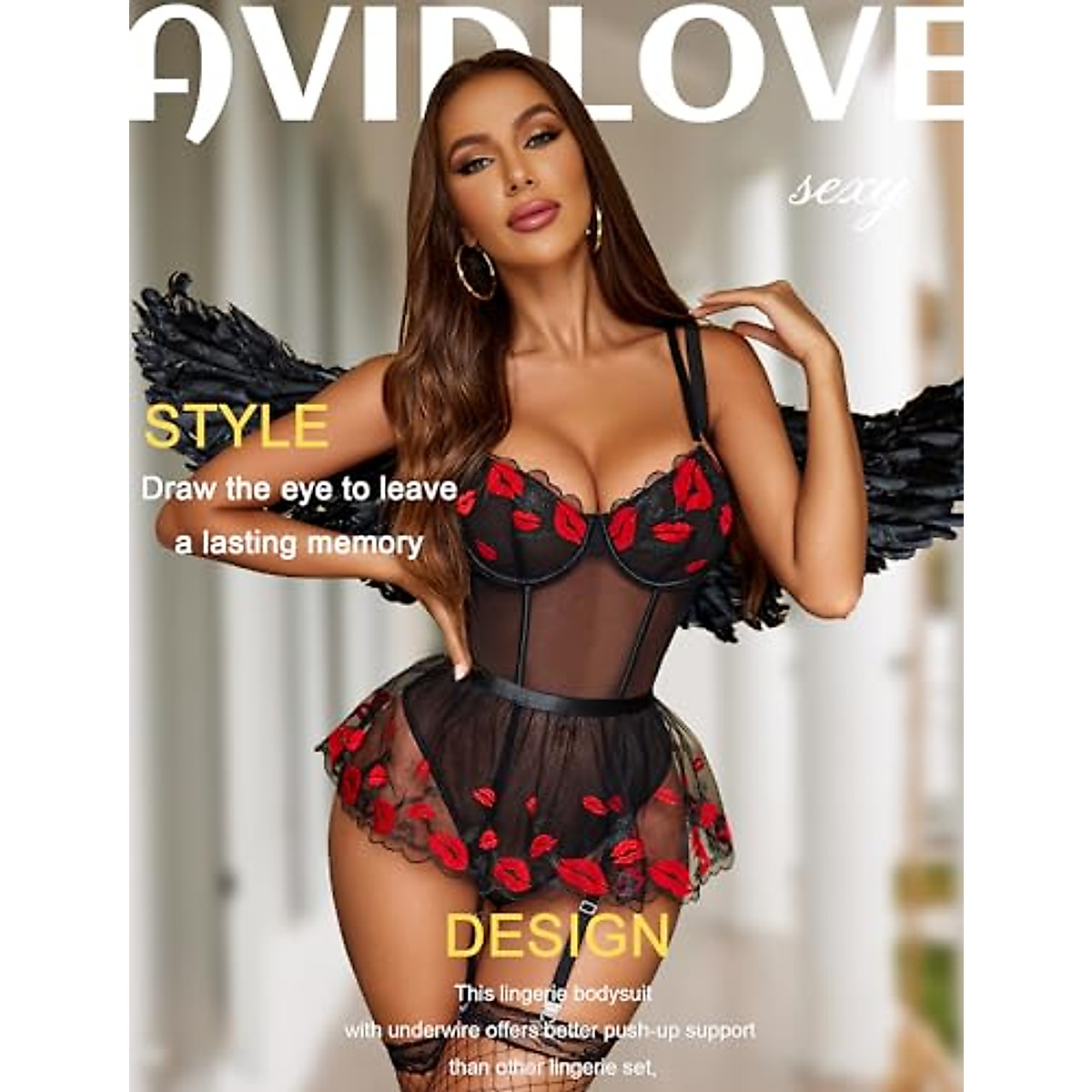 Avidlove Womens Lingerie Supportive Bodysuit with Removable Mini Skirt Embroidery Garter Lingerie Set