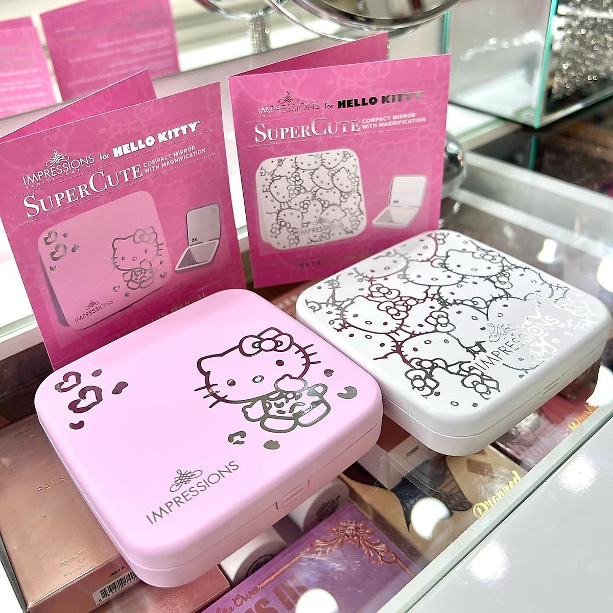 Impressions Vanity Hello Kitty Supercute Compact Mirror with Touch Sensor Switch for Adjustable Brightness, Lighted Makeup Mirror with LED Lights and 2X Magnifying Mirror Top (White)