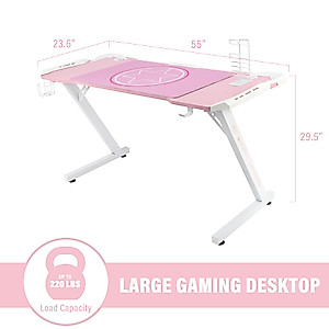 YOUTHUP Gaming Desk with LED Lights, 55 Inch Z Shaped Game Desk for PC Gamer, Ergonomic Racing Style Computer Table Workstation with Remote Control, Headphone Hook, Cup Holder, Handle Rack, Pink