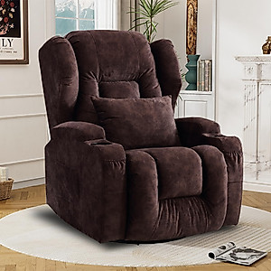 IPKIG Manual Recliner Chair - Swivel Rocker Recliner Chair, Velvet Fabric Recliner Sofa Chairs with 2 Cup Holders, Lumbar Pillow and Side Pockets for Nursery Living Room (Coffee- Manual Recliner)