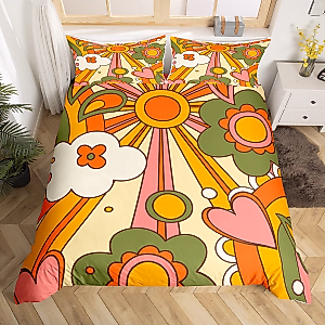 Erosebridal 60S 70S Hippie Duvet Cover Queen Vintage Boho Sun Bedding Set Groovy Flowers Clouds Love Hearts Comforter Cover for Kids Girls Teens,Abstract Vintage Floral Bedspread Cover Zipper 3 Pcs