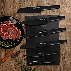 OOU Kitchen Knife Block Set - 8 Pieces High Carbon Stainless Steel Kitchen Knife Sets, Anti-Rust Black Knife Set with Universal Knife Holder