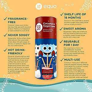 EQUO Limited Edition Coconut and Sugarcane Drinking Straws, Biodegradable and Plastic-Free, Combo Pack of 100, Standard