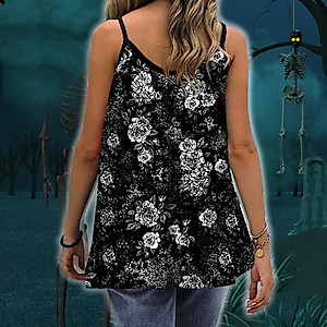 Eciodci Women's Halloween Horror Loose Tank Top Shirts 3D Print Rose Skeleton V Neck Sleeveless Tank Tops