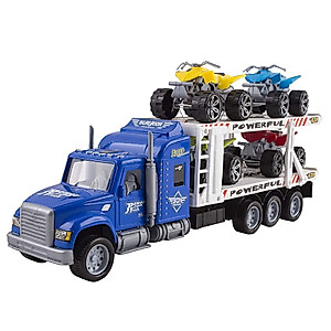 Vokodo Toy Semi Truck Trailer 15" Includes 4 ATVs Friction Carrier Hauler Kids Push And Go Big Rig Auto Transporter Vehicle Semi-Truck Car Pretend Play For Children Boys Girls Toddlers