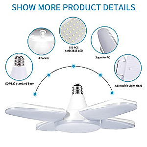 LED Garage Lights, 60W Workshop Lights Ceiling 6500K Deformable Lighting Fixture, E26/E27 Garage Light Bulb with 4 Adjustable Panels, Daylight White Basement Lighting for Shop, Pack of 2