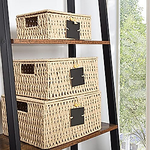 OUTBROS Storage Box Hand-Woven Wicker Storage Baskets with Lid, Multipurpose Stackable Storage Bin, Shelf Nesting Baskets, Desktop Makeup Organizer Container with Built-In Carry Handles, Natural