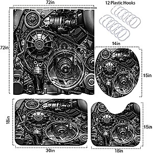 AtGoWac 4 Pieces Engine Shower Curtain Sets with Rugs, Black and White Man Cave Shower Curtain Set of 4 Piece, Men's Bathroom Decor