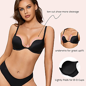 DOBREVA Women's Plunge Bra Deep V Sexy Underwire Low Cut Bras T Shirt Cleavage Lightly Padded Black 36B