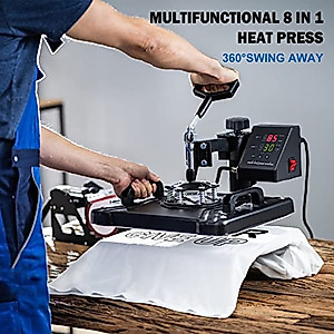 TOPDEEP 8 in 1 Heat Press Machine 12x15 inch, Combo Swing Away T Shirt Pressing Machine, Sublimation Heat Press Transfer Machine for T-Shirt Hat Cap Mug Plate