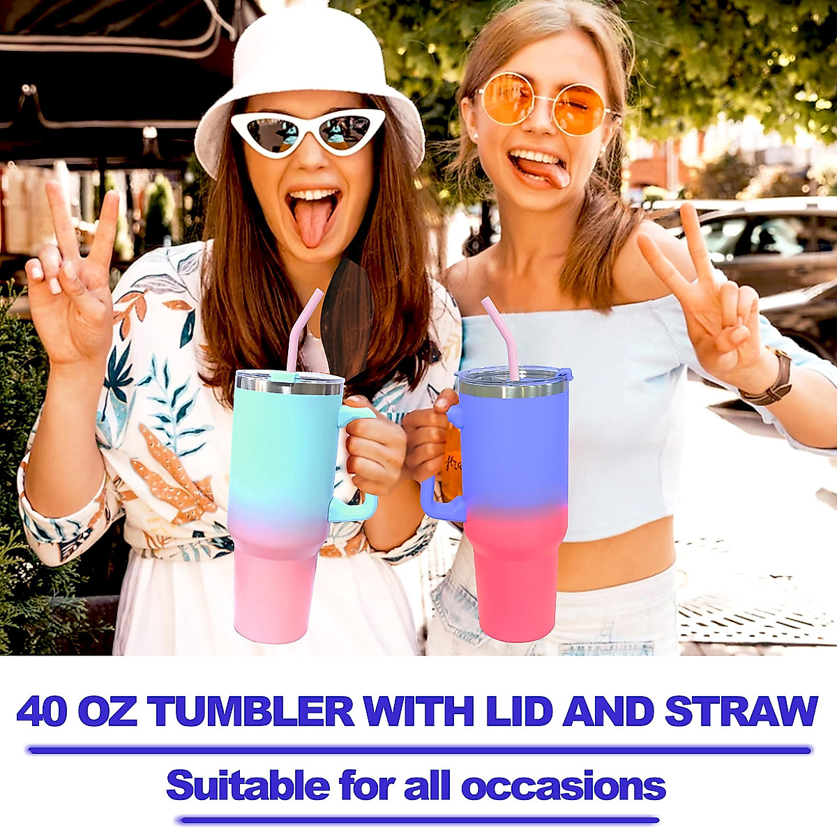 40 oz Tumbler with Handle and Straw-Stainless Steel Insulated Tumbler with Straw, Water Bottle with Straw and Handle, Insulated Cup with Straw and Lid in Car Cup Holder（Pinkpurple)