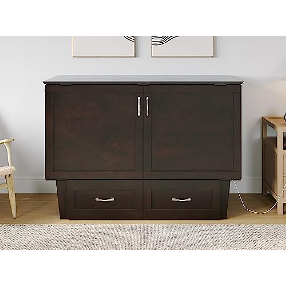 AFI, Monroe Murphy Bed Chest with 6 inch Memory Foam Folding Matttress, Built-in Charging Station and Storage Drawer, Full, Espresso