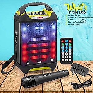 Pyle Portable Bluetooth Karaoke Speaker System - Audio Recording Function, 32 GB USB/SD Card Support, Built-in Rechargeable Battery, Flashing DJ Light w/ Music Streaming & Handheld Mic PWMA275BT