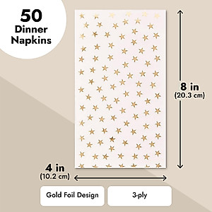 Juvale 50 Pack Gold Star Party Napkins - Disposable White and Gold Dinner Napkins for Birthday, Graduation (3-Ply, 4x8 In)
