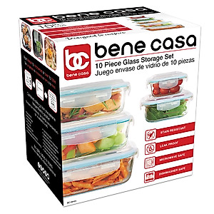 Bene Casa 10-piece glass food storage container set, air tight led containers, oven safe, microwave safe, freezer safe, dishwasher safe