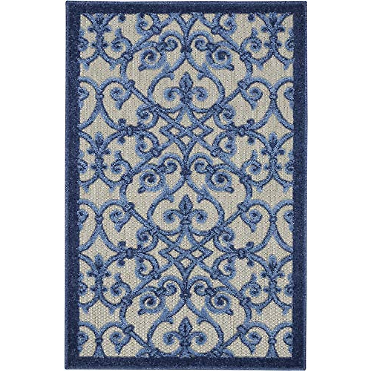Nourison Aloha Indoor/Outdoor Grey/Blue 2'8" x 4' Area Rug, Transitional, French Country, Easy Cleaning, Non Shedding, Bed Room, Kitchen, Living Room, Deck, Backyard, (3' x 4')