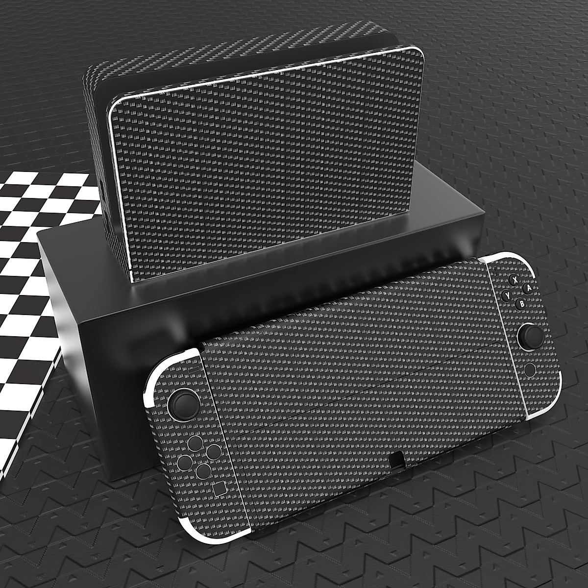 PlayVital Full Set Protective Stickers for Nintendo Switch OLED Model, Customized Vinyl Decal Skins for Switch OLED Console & Joycon & Dock & Grip - Black Silver Carbon Fiber