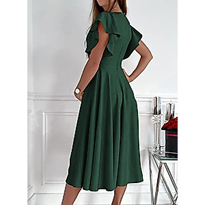 Dokotoo Women's Fall Short Sleeve Casual Dresses V-Neck Floral Party Dress Green L