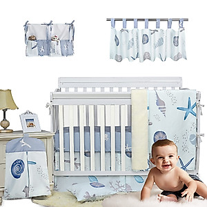 Brandream Boys Nursery Bedding Blue White Beach Theme Baby Crib Bedding Set with Starfish Seashell, 100% Cotton